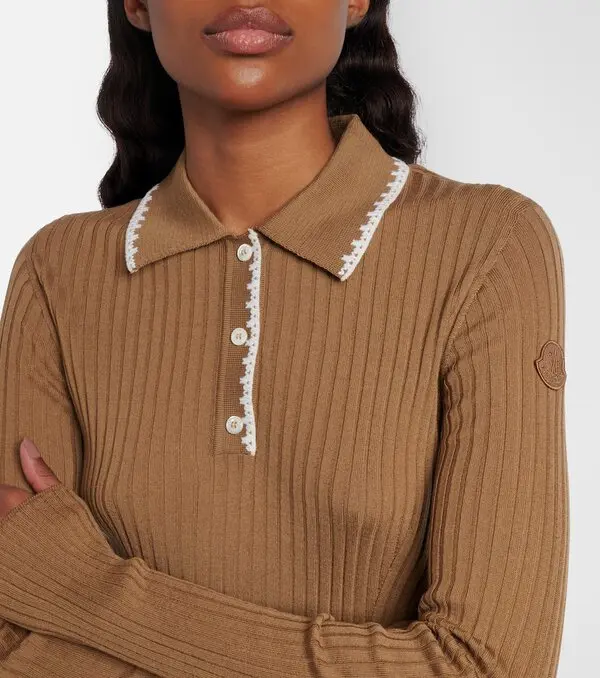 Moncler Ribbed-knit Virgin Wool Polo Sweater - Brown