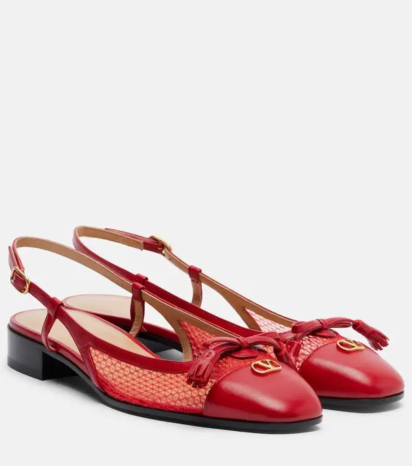 Valentino Garavani Valet Du Roi Leather And Mesh Slingback Flats - Red