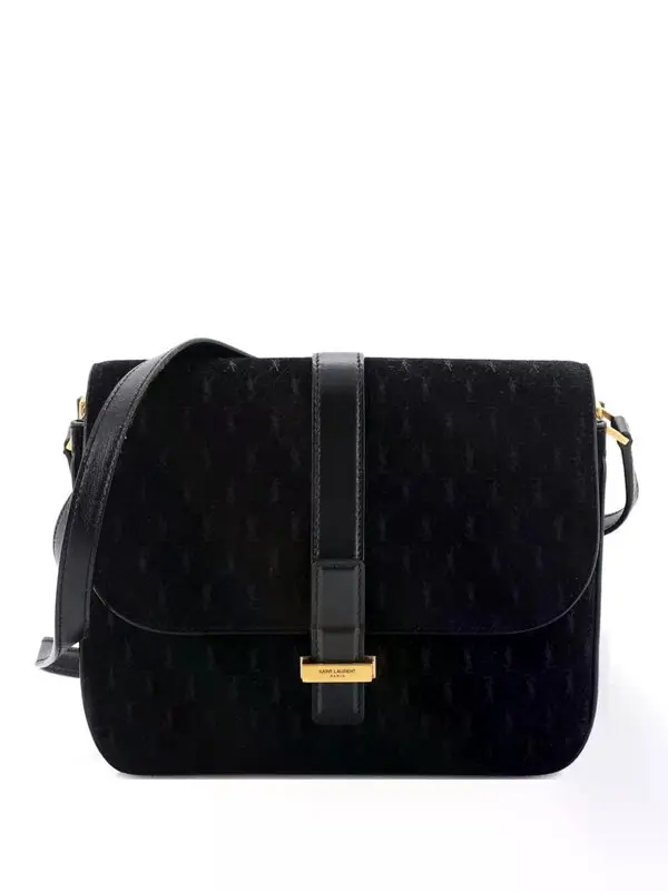 Saint Laurent Top Flap Satchel Monogram All Over Suede Small Crossbody Bag - Black