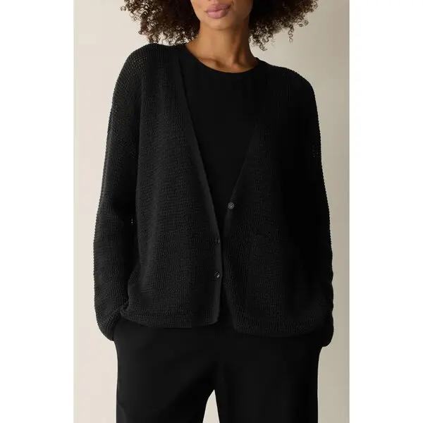 Eileen Fisher Open Stitch Organic Cotton Blend V-neck Cardigan