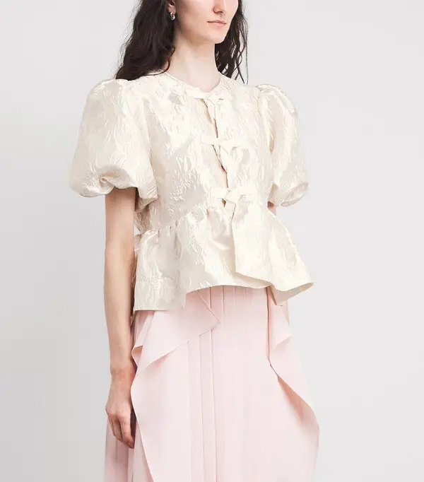 GANNI Satin Jacquard Peplum Blouse - Ivory