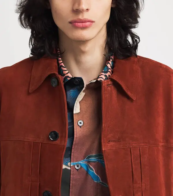 Paul Smith Suede Trucker Jacket With Pleated Detail - Red