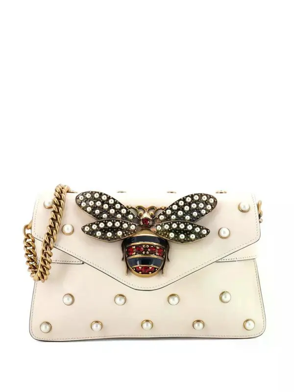 Gucci Broadway Pearly Bee Embellished Leather Mini Shoulder Bag - Neutrals