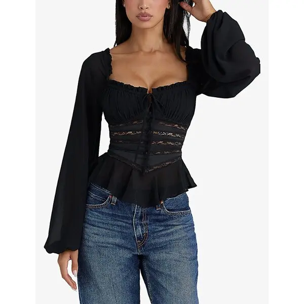 House Of Cb Long-sleeve Georgette Peplum Top - Black