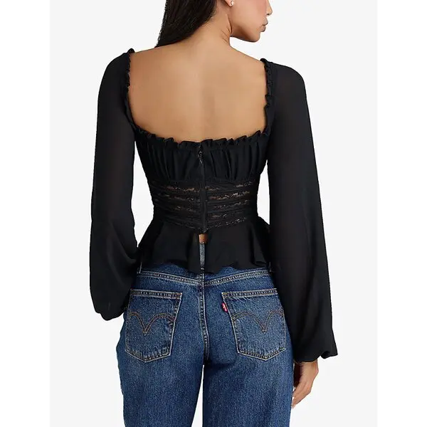 House Of Cb Long-sleeve Georgette Peplum Top - Black