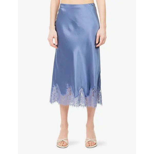 REFORMATION Lace-trim Silk Midi Skirt - Cornflower