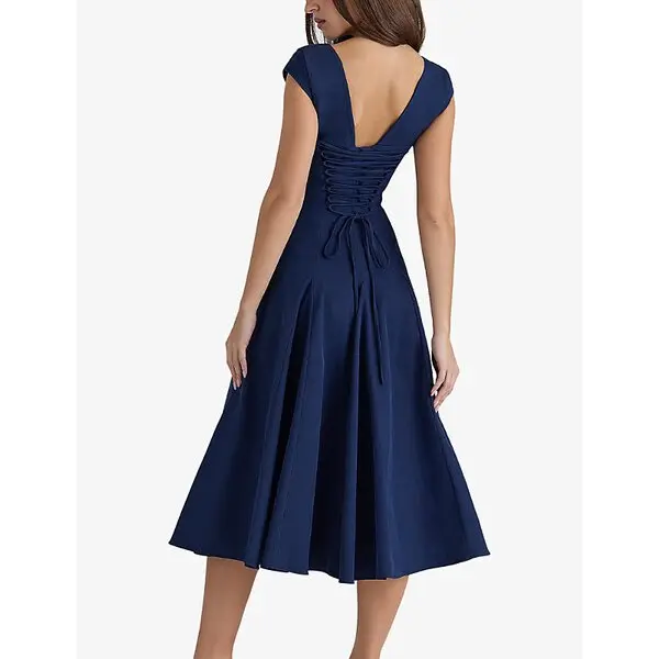 House OF CB Raisa Lace-Back Twill Midi Dress - Navy