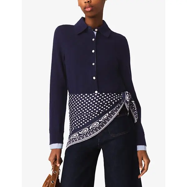 Maje Wool And Cashmere Polo Cardigan With Removable Trims - Navy