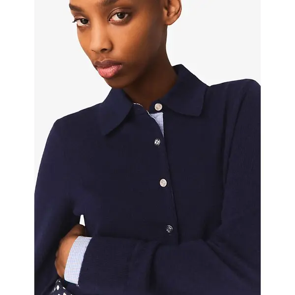 Maje Wool And Cashmere Polo Cardigan With Removable Trims - Navy