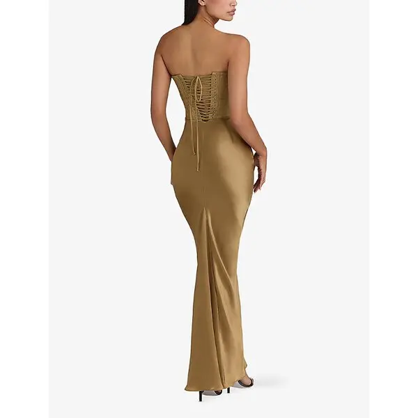 House Of Cb Brocade And Satin Corset Maxi Dress In Bronze | Editorialist