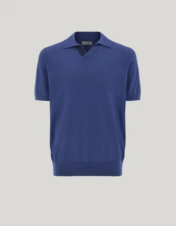 Canali Air Force Blue Polo Shirt In Cotton Modal With Leather Details - Light Blue