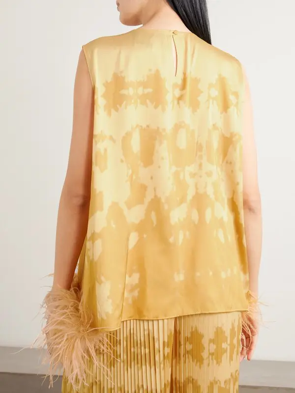 DIMA AYAD Feather-trimmed Tie-dyed Satin Top