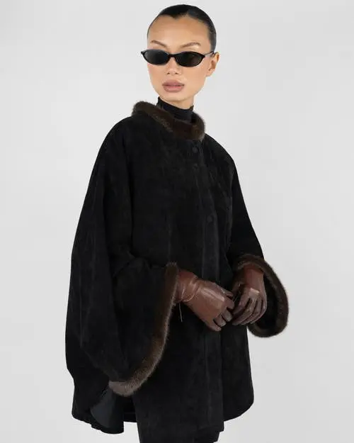 WeWoreWhat Suede Poncho With Faux Fur Trim