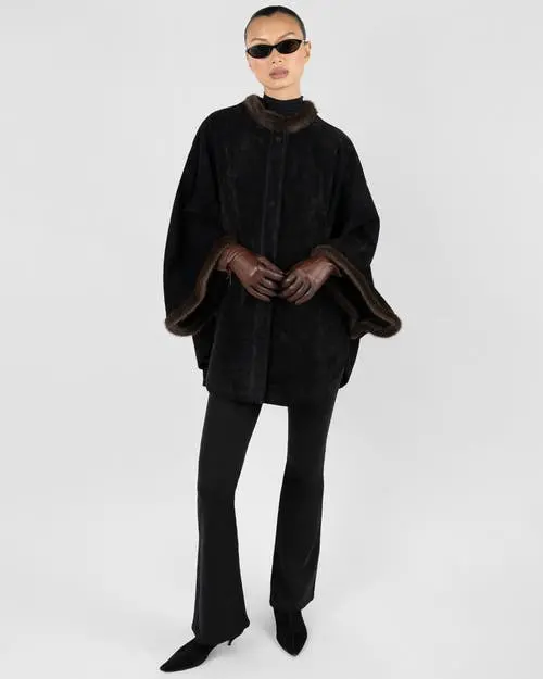 WeWoreWhat Suede Poncho With Faux Fur Trim