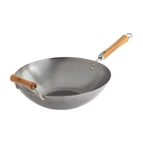 JOYCE CHEN Uncoated Carbon Steel Flat Bottom Wok With Birch Handles - Metallic Silver