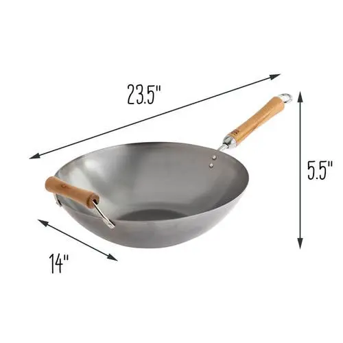 JOYCE CHEN Uncoated Carbon Steel Flat Bottom Wok With Birch Handles
