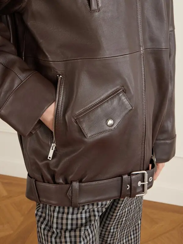 Tibi Belted Leather Bomber Jacket