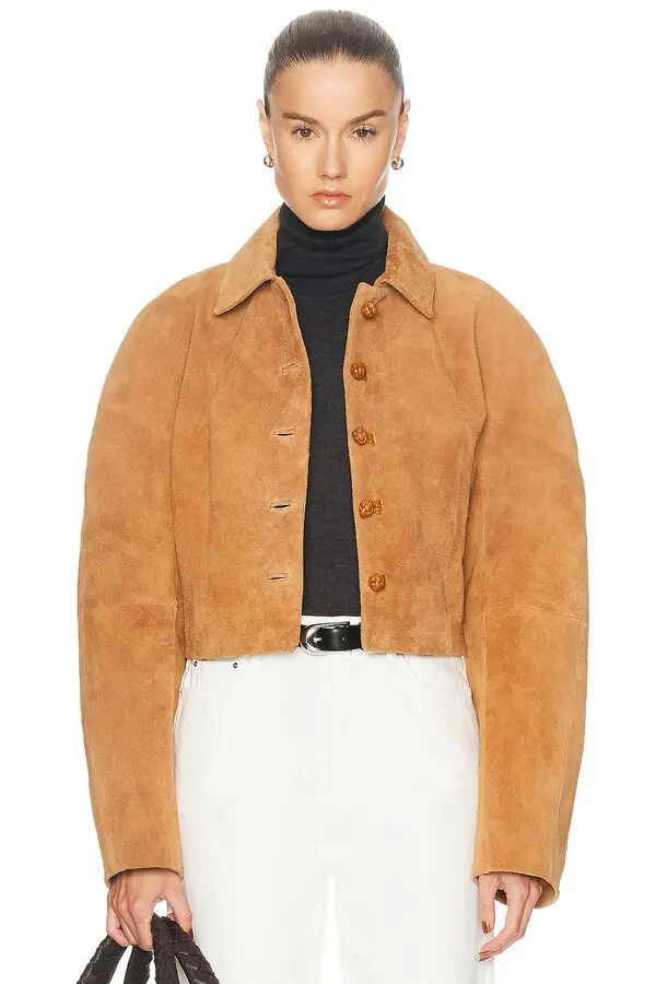 RÓHE Rounded Textured Suede Jacket - Cognac