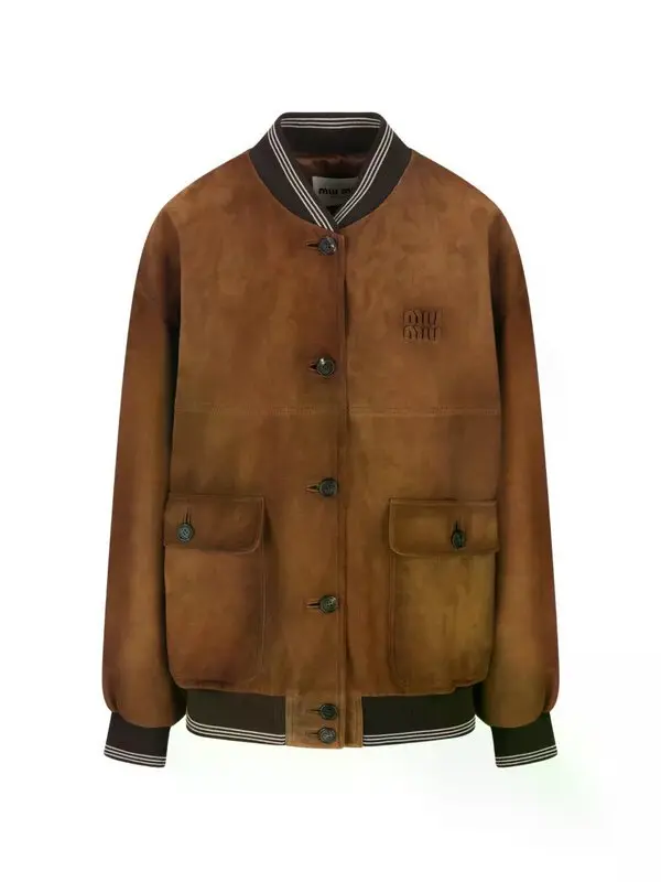 Miu Miu Logo-patch Suede Bomber Jacket - Brown