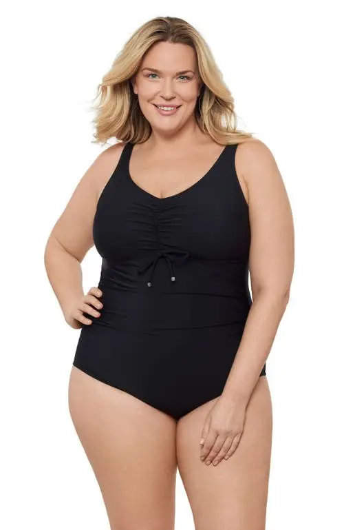 AQUA GREEN Cinch V-neck One-piece Swimsuit - Black