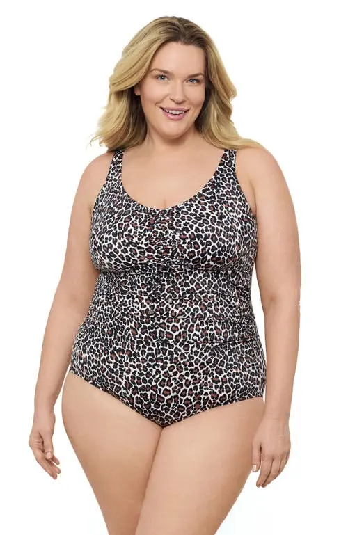 AQUA GREEN Cinch V-neck One-piece Swimsuit - Desert Leopard
