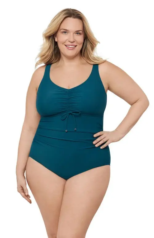 AQUA GREEN Cinch V-neck Side Shirred One-piece Swimsuit - Lagoon