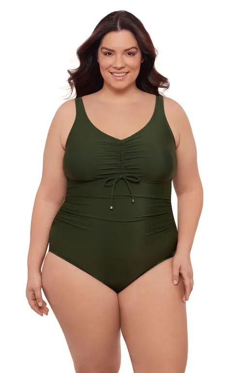 AQUA GREEN Cinch V-neck Side Shirred One-piece Swimsuit - Malachite