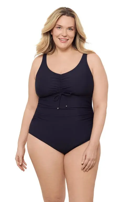 AQUA GREEN Cinch V-neck One-piece Swimsuit - True Navy