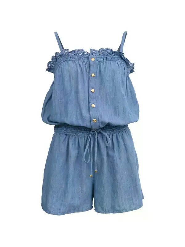 Celine Smocked Denim Jumpsuit - Blue
