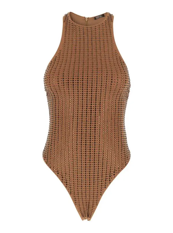 VENUJA High-cut One-piece With Rhinestone Embellishments - Brown