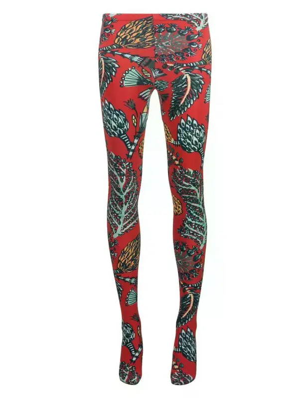 La DoubleJ Mid-waist Leaf-print Tights - Red