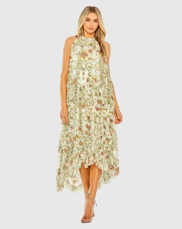 Mac Duggal Floral-printed Mesh High-low Gown