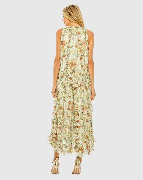 Mac Duggal Floral-printed Mesh High-low Gown