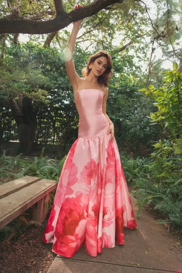 sachin and babi light blue dress Mac Duggal Printed Mikado Strapless Drop Waist Ball Gown - Blush Multi