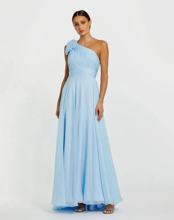 Mac Duggal One-shoulder Pleated Evening Gown With Bow - Blue
