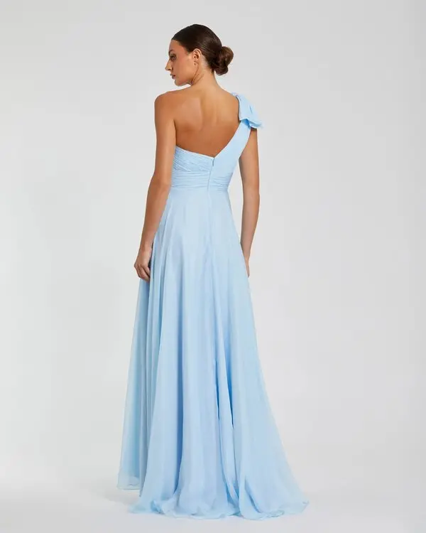 Mac Duggal One-shoulder Pleated Evening Gown With Bow - Blue