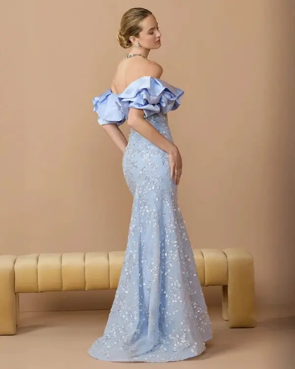 MAC DUGGAL COLLECTION Embellished Mermaid Gown With Ruffled Off-the-shoulder Neckline - Blue