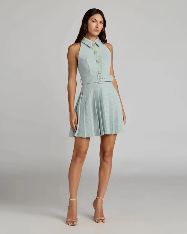 Mac Duggal Pleated A-line Mini Dress With Pearl Button Detail - Blue