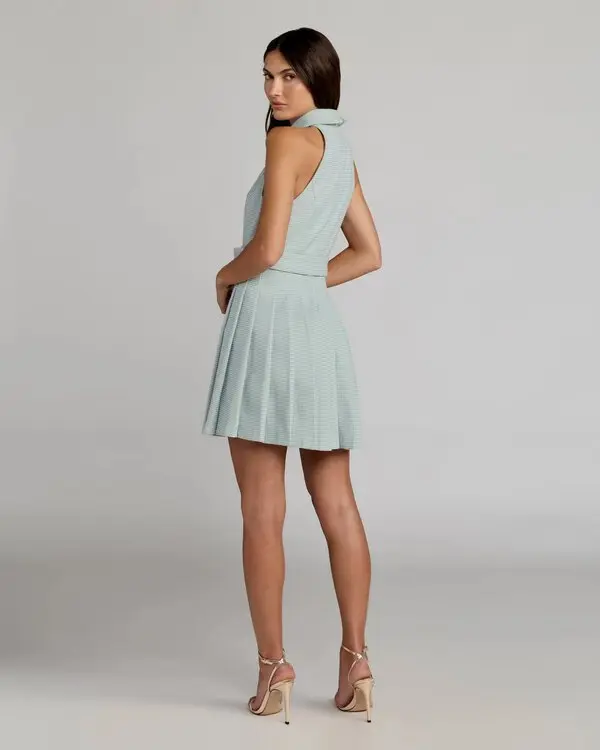 Mac Duggal Pleated A-line Mini Dress With Pearl Button Detail - Blue