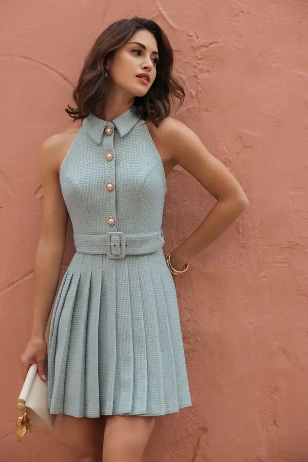 Mac Duggal Pleated A-line Mini Dress With Pearl Button Detail - Blue