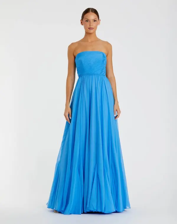 Mac Duggal Strapless Chiffon Gown With Braided Belt - Blue