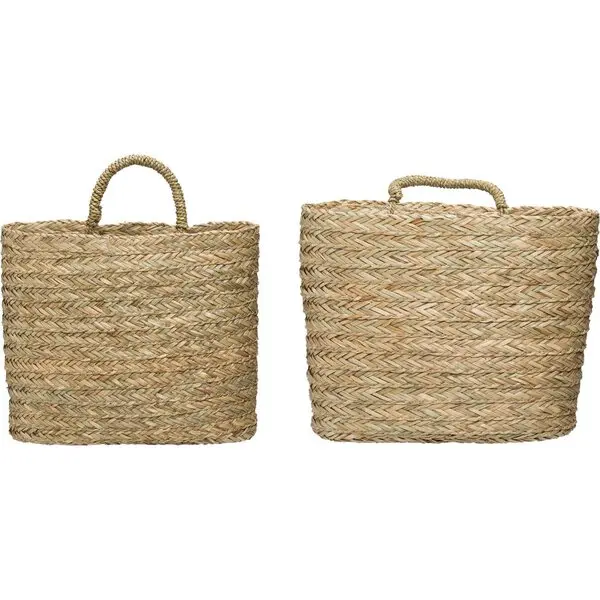 STORIED HOME Handwoven Seagrass Wall Mount Baskets With Handles - Natural