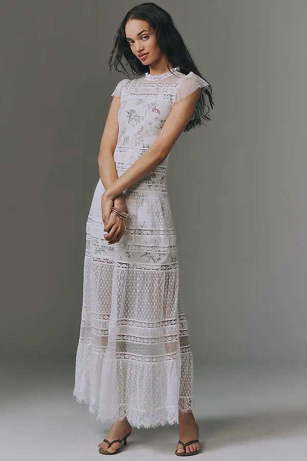 Anthropologie Lace Twofer Maxi Dress - White Floral