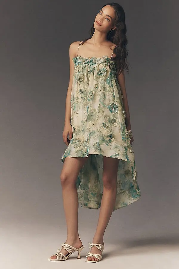 Bhldn Floral High-Low Hem Dress - Green Floral | Editorialist