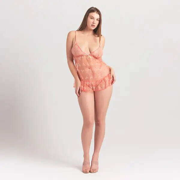 SKIMS Embroidered Tulle Mini Slip Dress And Tanga Set - Guava Heart Tulle
