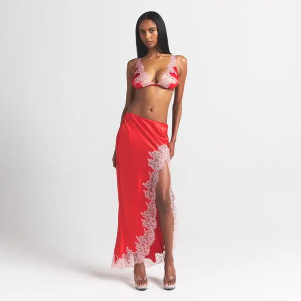 SKIMS Silk Lace Slip Midi Skirt - Ruby Contrast