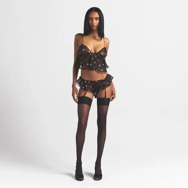 SKIMS Babydoll Top And Garter Hipster Set Obsidian Spaced Hearts | Black | | Romance - Obsidian Hearts