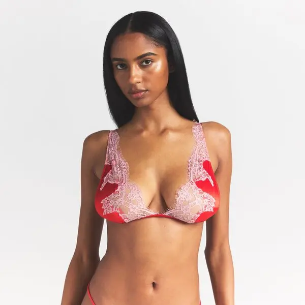 SKIMS Lace Plunge Bralette | Deep Neutral | | Silk - Ruby Contrast