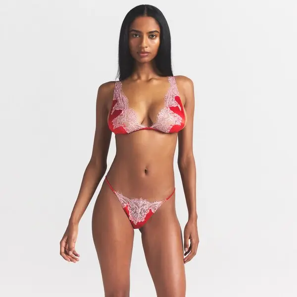 SKIMS Lace Plunge Bralette | Deep Neutral | | Silk - Ruby Contrast