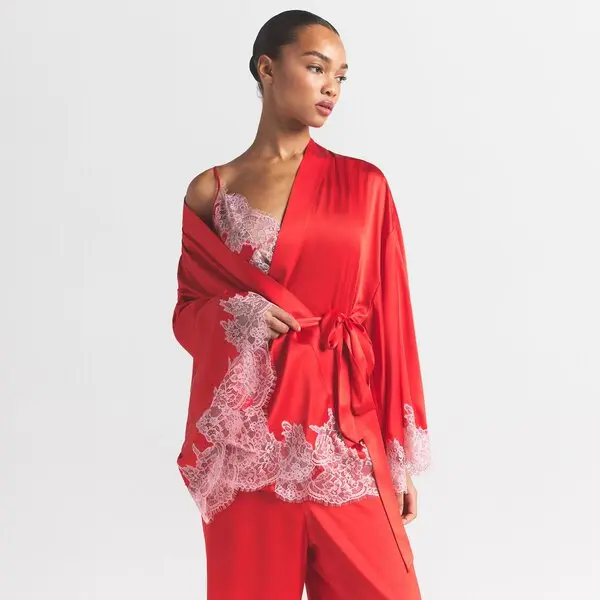 SKIMS Silk Lace Robe - Ruby Contrast